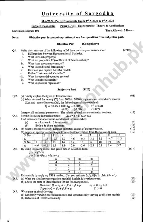 Econometrics Theory And App Ma Economics Ii Uos Past Paper 1 A 2021