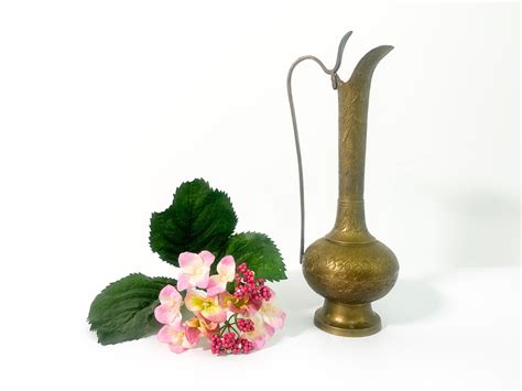 Vintage Tall Brass Pitcher Or Ewer With Embossed Floral Leaf Design