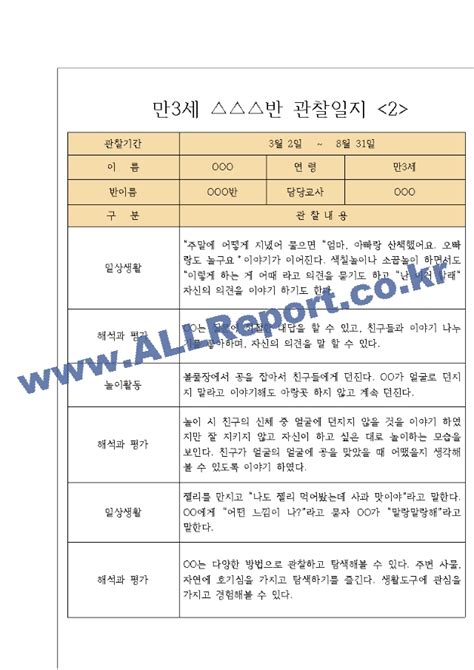 만3세 1년분량 관찰일지 7명분량 14page 영역별로 해석과 평가 기록된 관찰일지유아보육실습일지