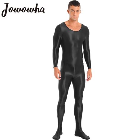 Men Glossy Bodystocking Smooth Long Sleeve Oil Shiny Full Body Bodysuit
