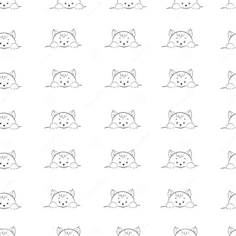Cute Kitten In Line Art Style Seamless Pattern Kitten Face And Front