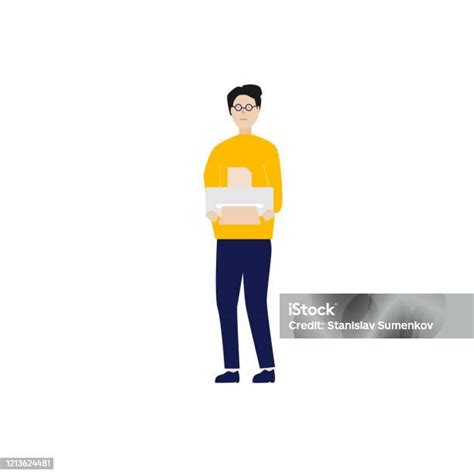 프린터를 가진 남자 흰색 배경에 고립 된 평면 만화 캐릭터eps 명랑한에 대한 스톡 벡터 아트 및 기타 이미지 명랑한 벡터