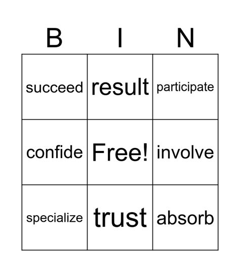 In Prepositions Bingo Card
