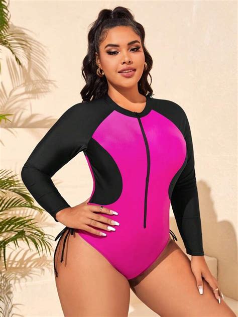 Shein Swim Serf Plus Colorblock Zipper Front Drawstring Side Raglan