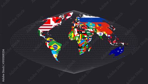 World Flag Map Craster Parabolic Projection Map Of The World With Meridians On Dark Background