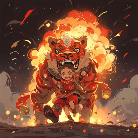 年兽被小孩子用爆竹炸着奔跑，插画，新年，鞭炮，年兽，儿童 豆友s8i4的midjourney模型作品