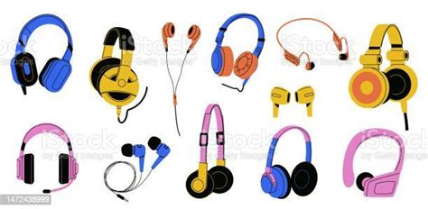 헤드폰 컬렉션 만화 유선 및 무선 이어폰 음악 듣기를위한 오디오 전자 장비 현대 장치 액세서리 평면 스타일 벡터 절연 세트 개념에 대한 스톡 벡터 아트 및 기타 이미지
