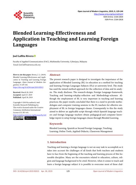 Pdf Blended Learning Effectiveness And Application In Teaching And Learning Foreign Languages