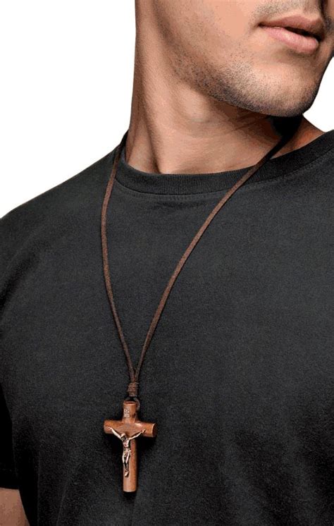 Wooden Cross Necklace Leather Cord For Men Mens