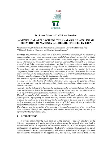PDF A Numerical Approach For The Analysis Of Non Linear Behaviour Of Masonry Arches