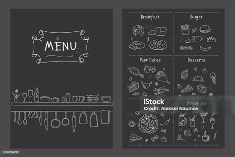 레스토랑이나 카페에 대한 제목 페이지 및 메뉴 목록 템플릿입니다 손으로 그린 음식 스케치 아이콘 칠판에 낙서 분필 디자인 공란에 대한 스톡 벡터 아트 및 기타 이미지