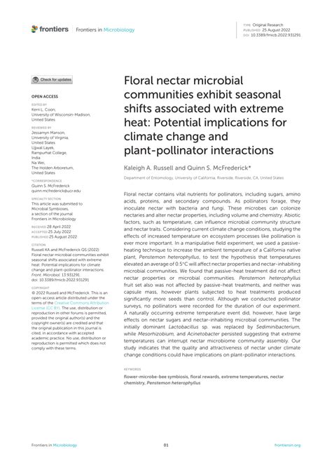 Pdf Floral Nectar Microbial Communities Exhibit Seasonal Shifts Associated With Extreme Heat