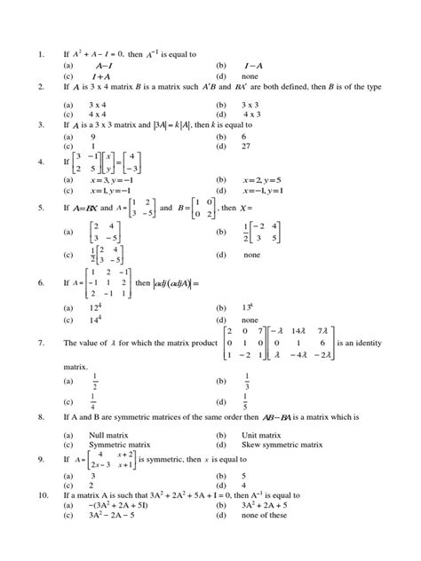 Matrices Mcq Pdf Matrix Mathematics Matrix Theory