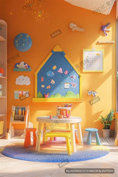 Ai创作图儿童房 桌椅 画板 装饰 墙贴 玩具 绿植 地毯 书架 星星 月亮 云朵 小屋 日历 摆件 昵图网
