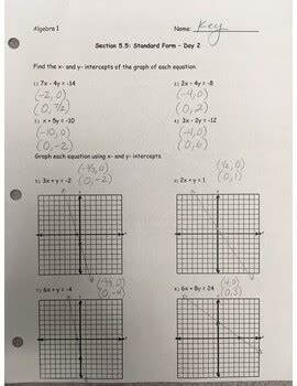 Answer Key Algebra Linear Functions Standard Form Day Page