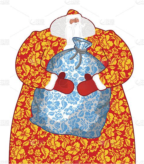 俄罗斯的圣诞老人ded Moroz。弗罗斯特神父的服装画科赫罗玛民族图案。装礼物的大袋子。饱满的