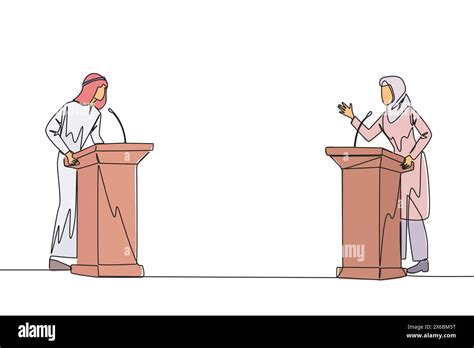 Continuous One Line Drawing Arabian Businessman And Businesswoman