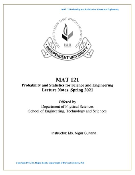 MAT 212 Course Lecture Sheet Summer 2021 MAT 121 Probability And