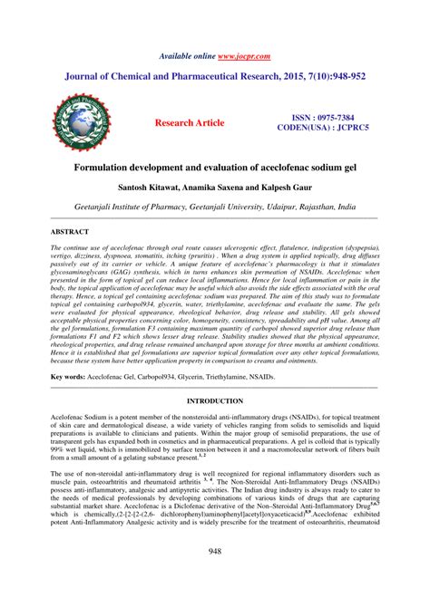 Pdf Formulation Development And Evaluation Of Aceclofenac Sodium Gel