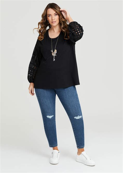 Shop Plus Size Bamboo Ponte Broderie Sleeve Top In Black Taking Shape Nz