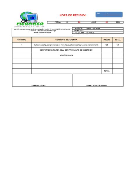 Modelo De Nota De Entrega En Excel Pdf