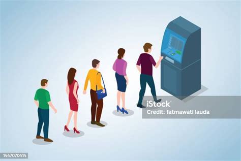 Atm 대기열 개념 남자와 여자가 현대 평면 스타일과 아이소메트릭 3d로 현금 돈을 재치 있게 대기하고 있습니다 현금 자동
