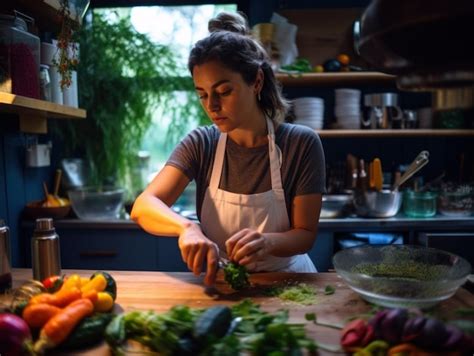 Premium Ai Image A Woman In An Apron Preparing Food In A Kitchen