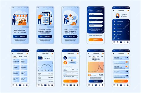 モバイル アプリ テンプレート Ui Ux Gui ユーザー インターフェイス キットの暗号交換概念画面セット プレミアムベクター