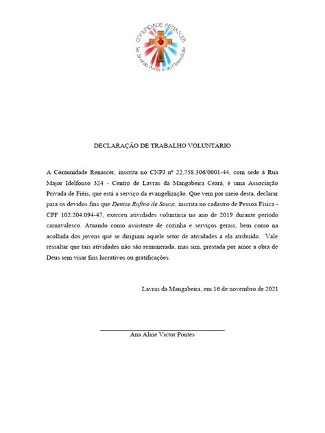 Declaração De Trabalho Voluntário Pdf