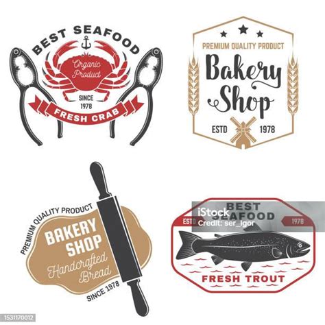 베이커리 및 해산물 배지 세트 벡터 엠블럼 사인 패치 셔츠 롤링 핀 풍차 밀 귀 참치 송어 새우 문어 게 홍합 및 조개가있는 메뉴 레스토랑 갈고리 발톱에 대한 스톡 벡터
