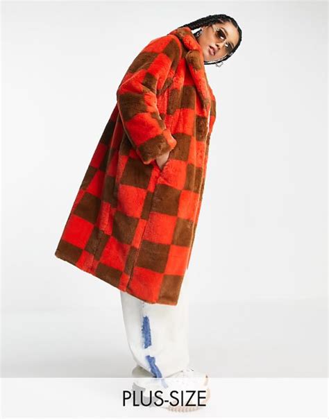 Girlfriend Material Curve Faux Fur Checkerboard Longline Coat In