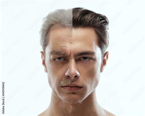 Mans Portrait In Comparison Youth And Maturity Old Age Skin Aging