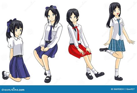 Cute Thai Schoolgirls Collection Set 1 Vector Illustration
