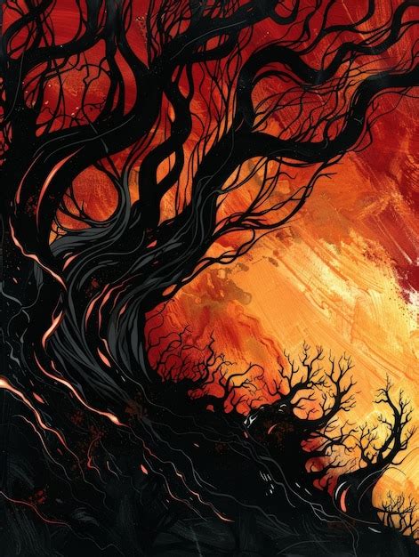 Premium Photo Silhouettes Of Twisted Trees Against A Fiery Sky