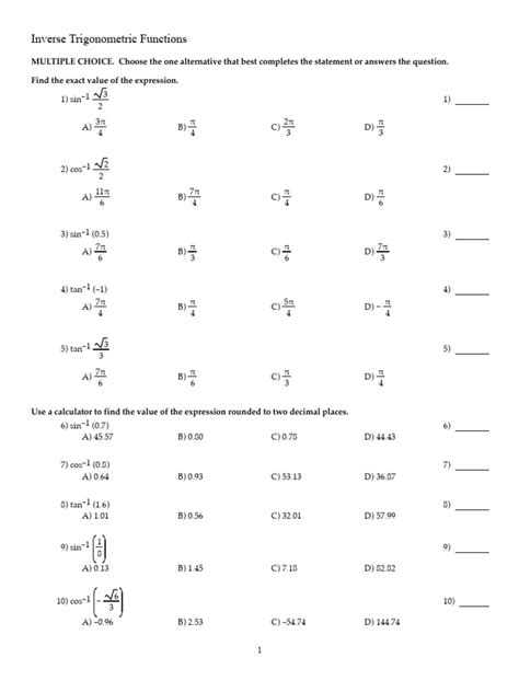 Inverse Trigonometric Functions 1 Pdf Pi Trigonometric Functions
