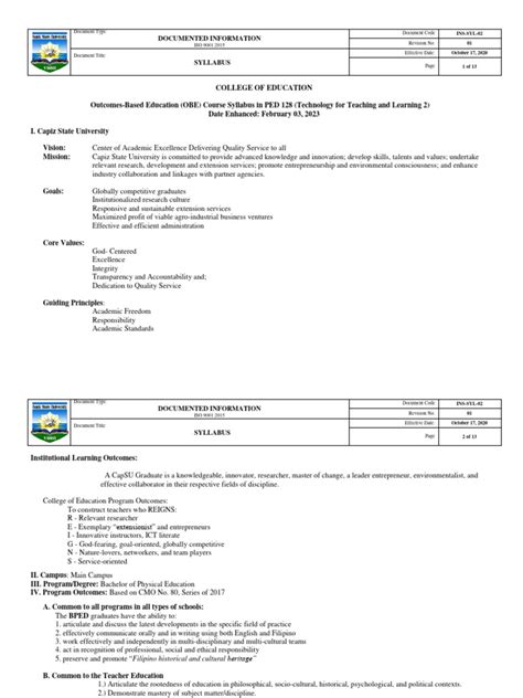 Syllabus In Ped 128 Technology For Teaching And Learning 2 2nd Sem 2022