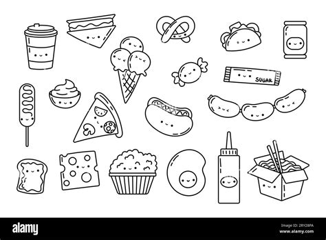 Set Kawaii Sticker Fast Food Coloring Page Collection Cute Kawaii Fast Food Illustrations