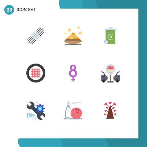 Set Of 9 Vector Flat Colors On Grid For Symbol Streamline Bin Line Grid