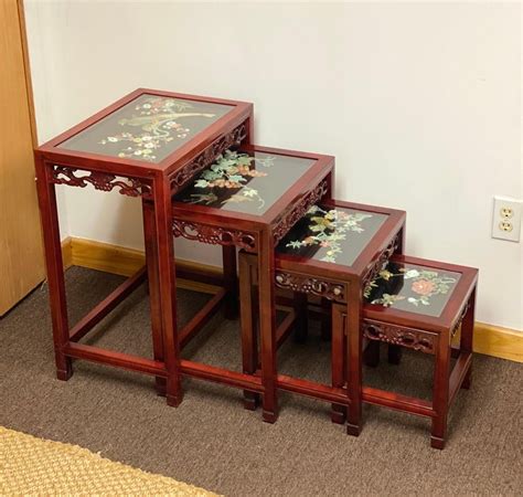 Antique Rosewood And Jade Chinoiserie Nesting Tables With Diorama Tops