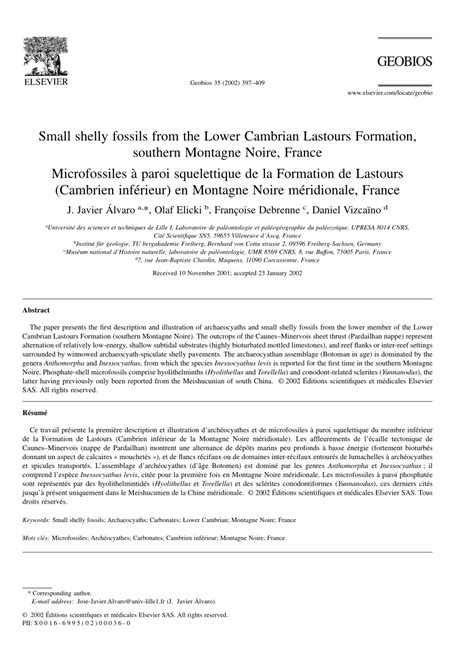 Pdf Small Shelly Fossils From The Lower Cambrian Lastours Formation Southern Montagne Noire