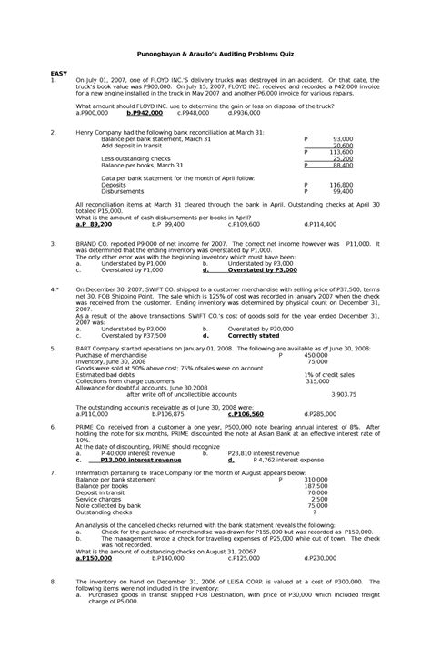 Auditing Problems Panda Quizzer Punongbayan And Araullos Auditing Problems Quiz Easy On July