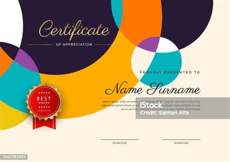 현대 우아한 다채로운 디플로마 인증서 템플릿 고급 배지와 현대적인 라인 패턴이있는 업적 테두리 템플릿 인증서 수상 비즈니스 및 교육 요구 사항 감탄에 대한 스톡 벡터 아트