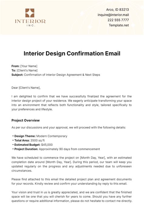 Free Interior Design Confirmation Email Template To Edit Online