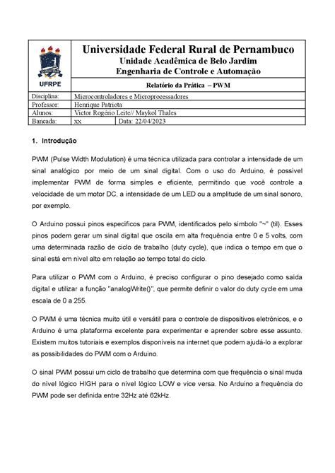 Relatório De Aula Prática Pwm Manuais Projetos Pesquisas
