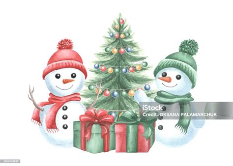 선물 상자와 크리스마스 트리가 있는 눈사람 겨울 휴가 디자인에 대 한 귀여운 아이들 쾌활한 캐릭터 손으로 그린 수채화 그림이 분리되어 있습니다 클립 아트 에 대 한 새해