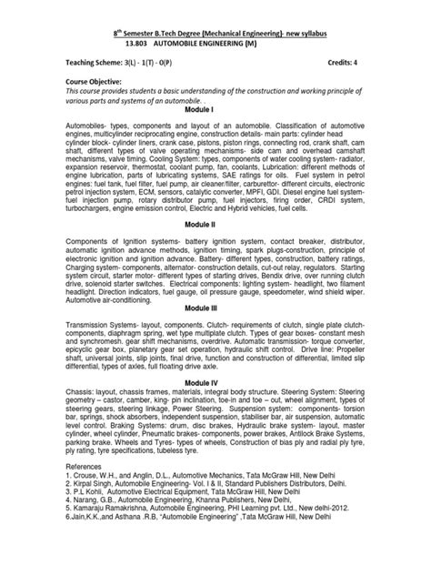 S8 Automobile Engg 2013 Syllabus Btech Mech Pdf Transmission
