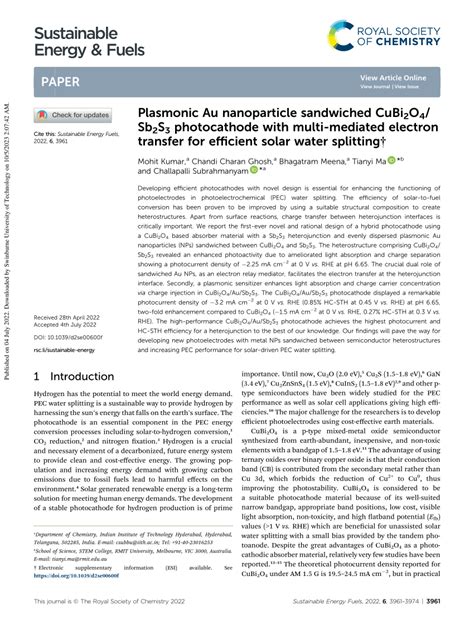 Pdf Plasmonic Au Nanoparticles Sandwiched Cubi2o4sb2s3 Photocathode