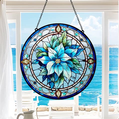 Blue Poinsettia Stained Glass Suncatcher