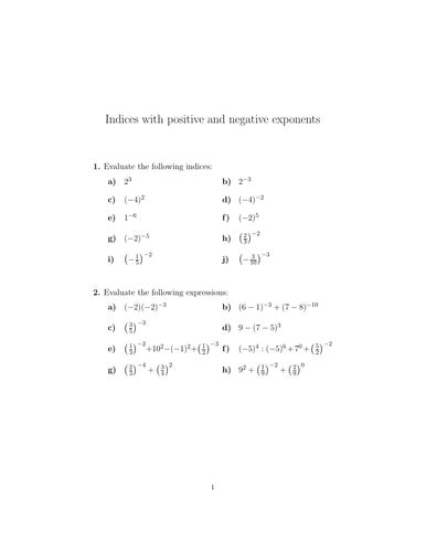 Indices With Positive And Negative Exponents Worksheet With Solutions