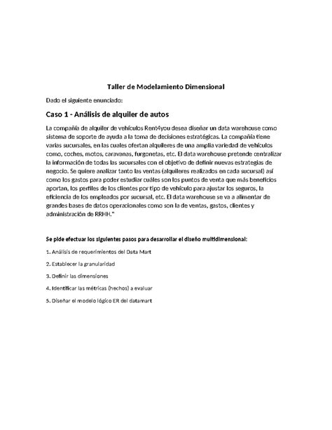 Ejercicios Modelamiento Dimensional Taller De Modelamiento